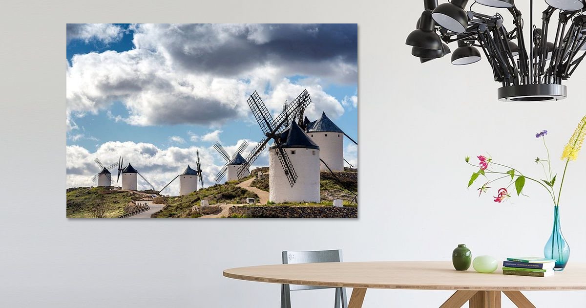 Don Quichot windmolens landschap in Spanje. van Carlos Charlez op canvas, behang en meer